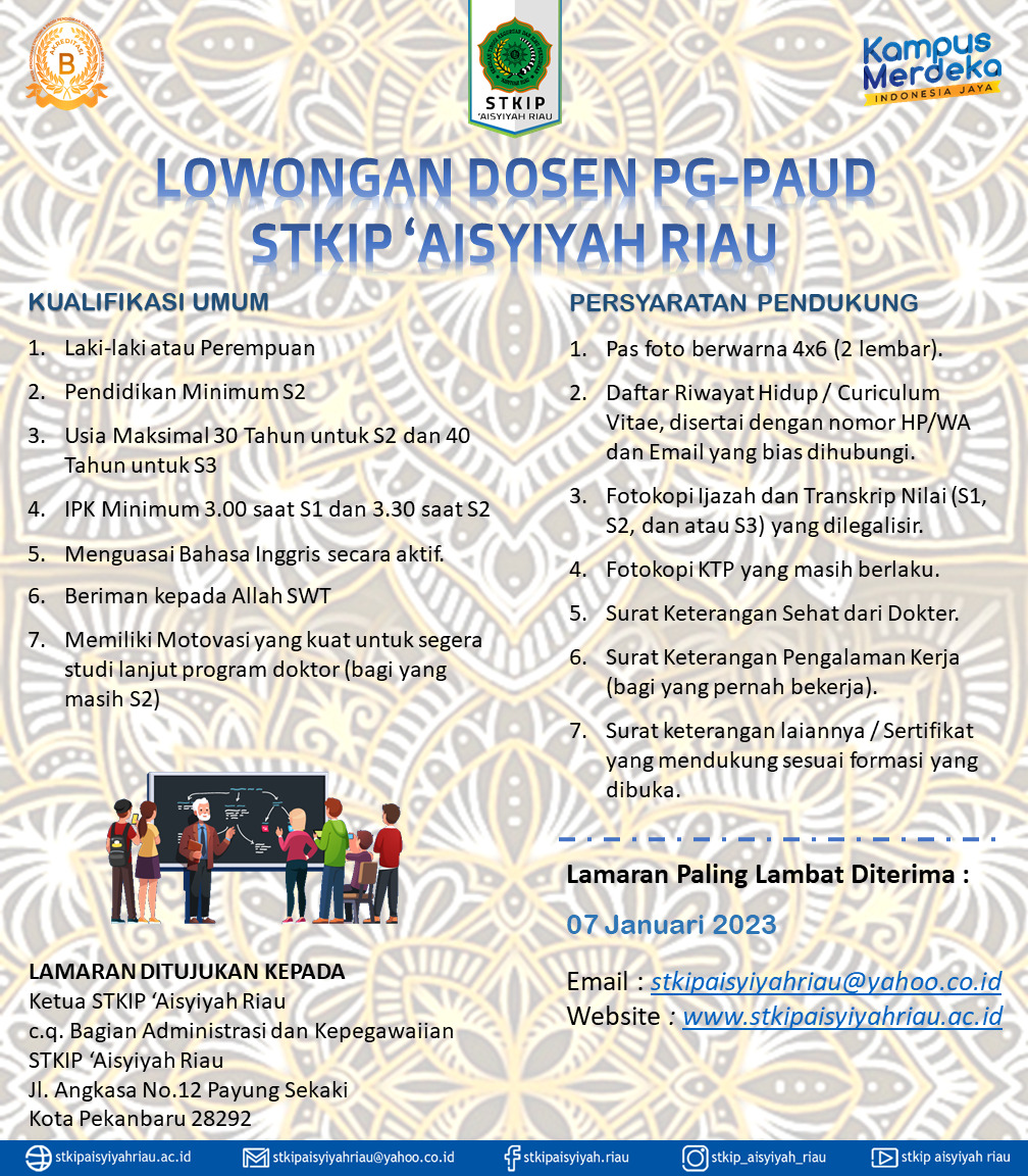 Lowongan Dosen STKIP ‘Aisyiyah Riau 2023 – STKIP 'AISYIYAH RIAU